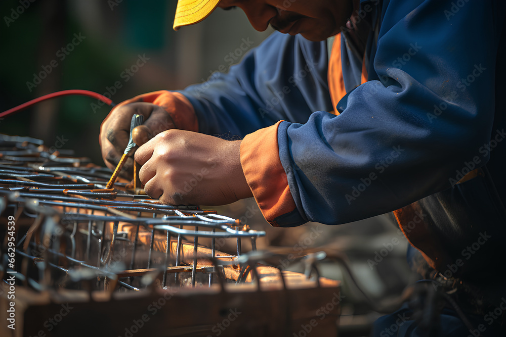 Construction Worker hands using pincer pliers iron wire. Outdoor Worker ...