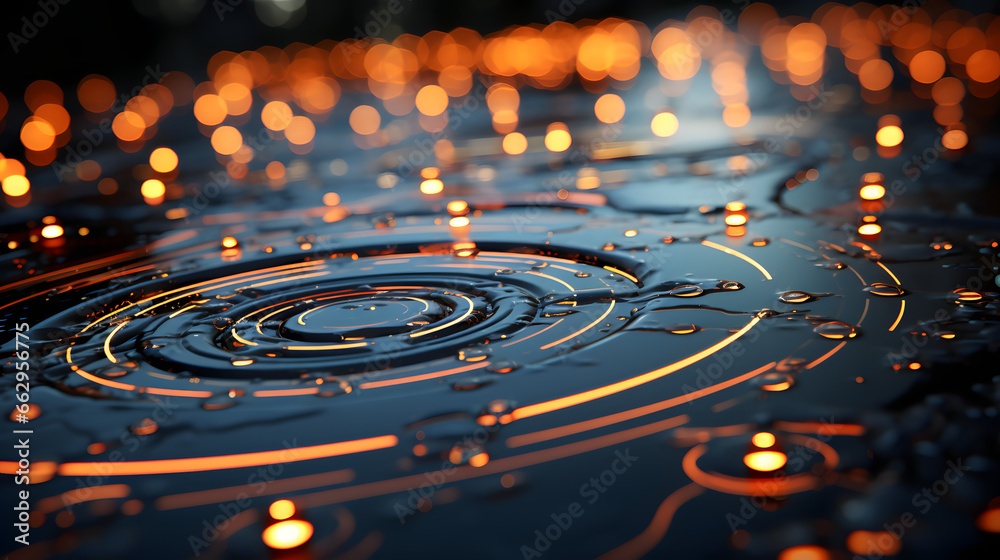 Digital raindrops creating ripples on a surface, technology background ...