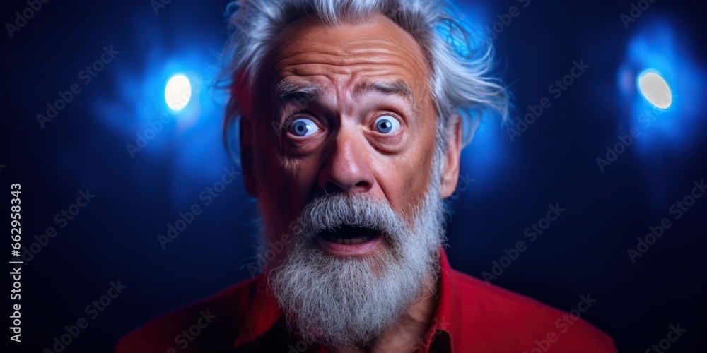Portrait of a surprised old man with a beard in blue-red lighting on a ...