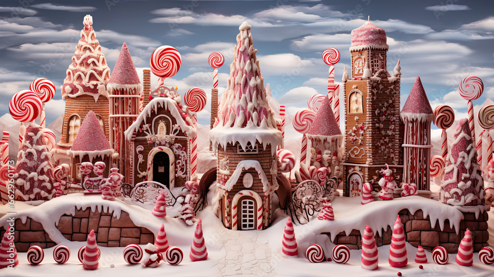 A repeating pattern of gingerbread houses with candy cane chimneys and ...