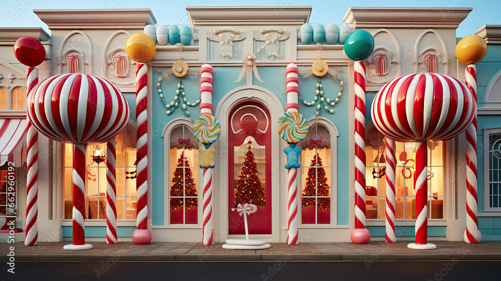 Rows of festively decorated storefronts with oversized candy cane pillars and gumdrop window ...