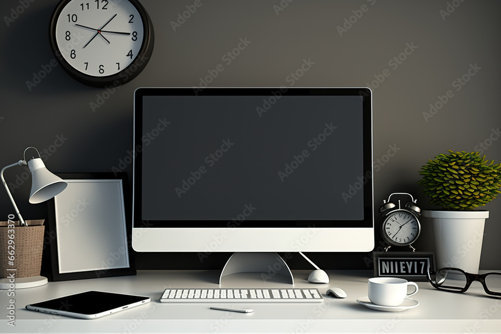 Desk with fresh monitor and office essentials. The desktop PC screen is ...