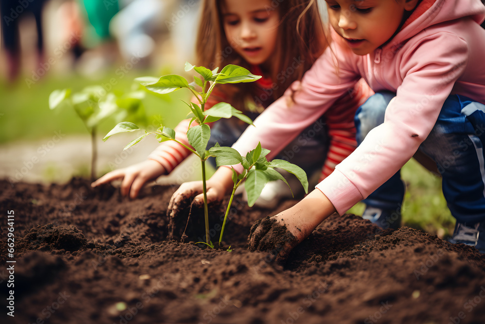 Kids planting saplings in a community garden with muddy hands and faces ...