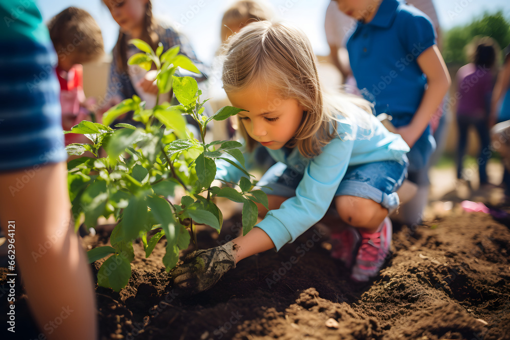 Kids planting saplings in a community garden with muddy hands and faces ...