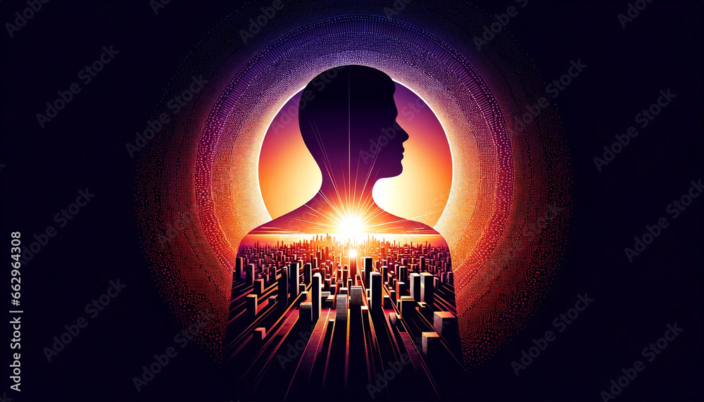 A silhouette of a human profile is set against a radiant backdrop ...