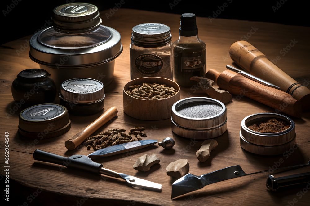 Traditional tools used in the SNUS making process displayed on an oak ...