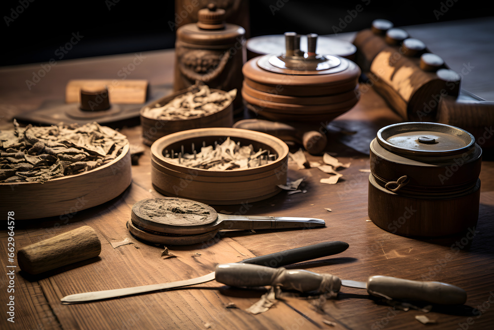 Traditional tools used in the SNUS making process displayed on an oak ...