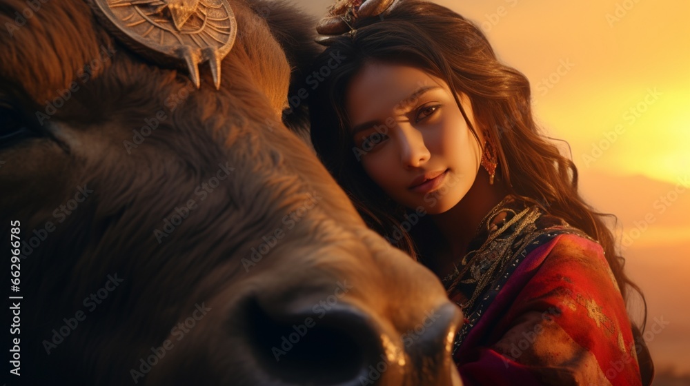 Beautiful Asian woman with traditional clothes hugging, caring a bull ...