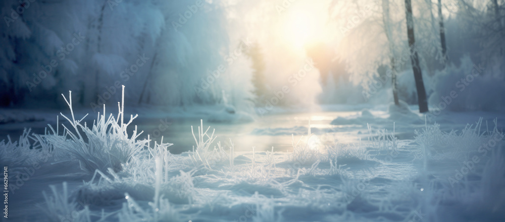 Cold season outdoors landscape, frost grass beside a river in a forest ...