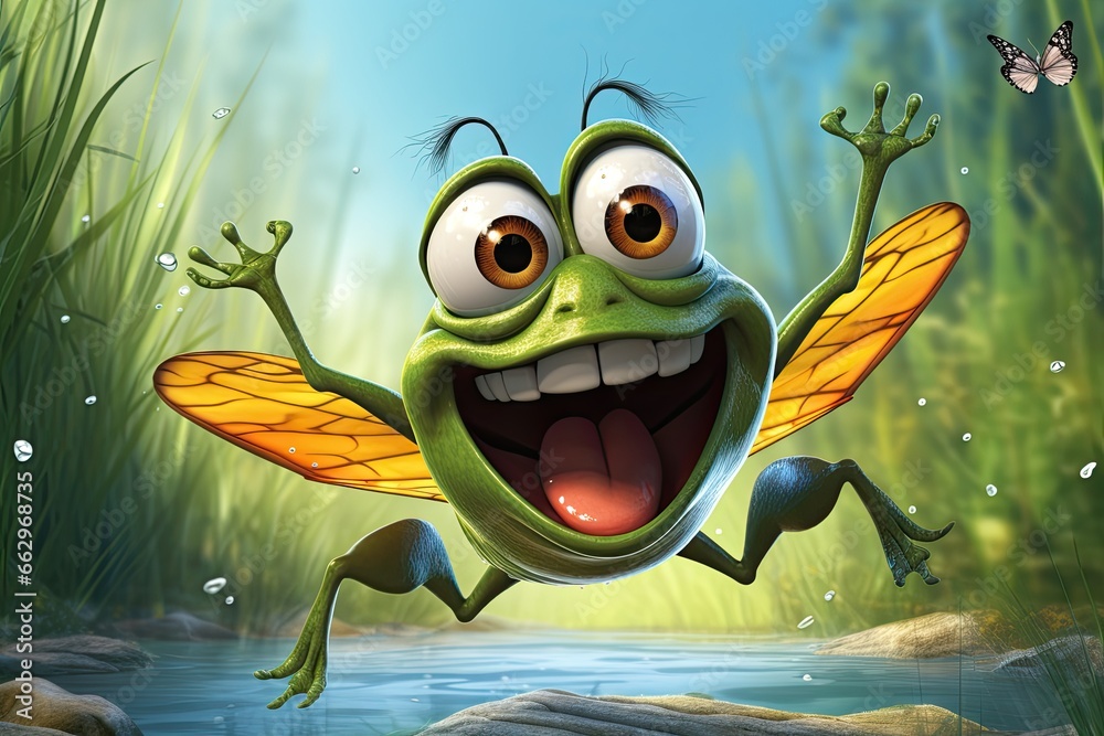 Cartoon Frog Catching Buzzing Fly: Surprised Leap into the Air with ...