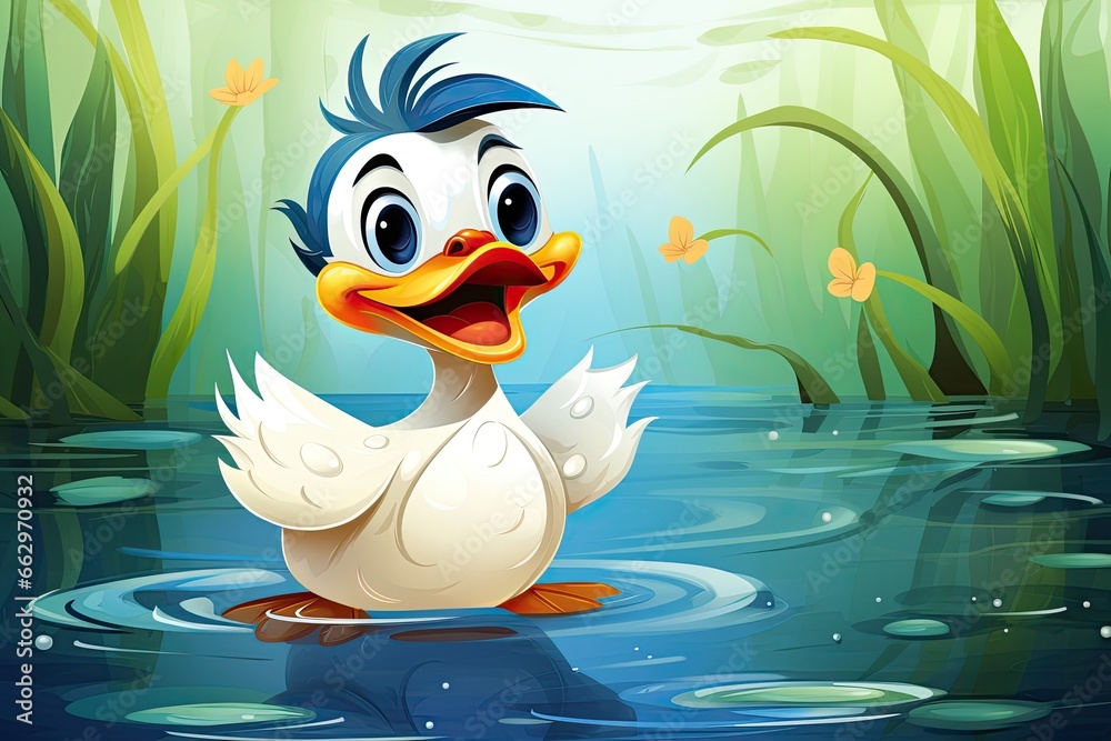 Cartoon Duck: Lovable Duck Paddling Happily in a Peaceful Pond ...