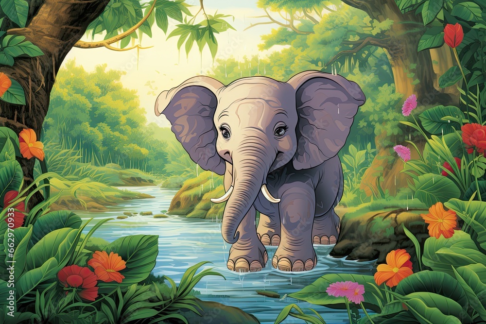 Cartoon Elephant Playfully Spraying Water in a Vibrant Jungle: Lush ...