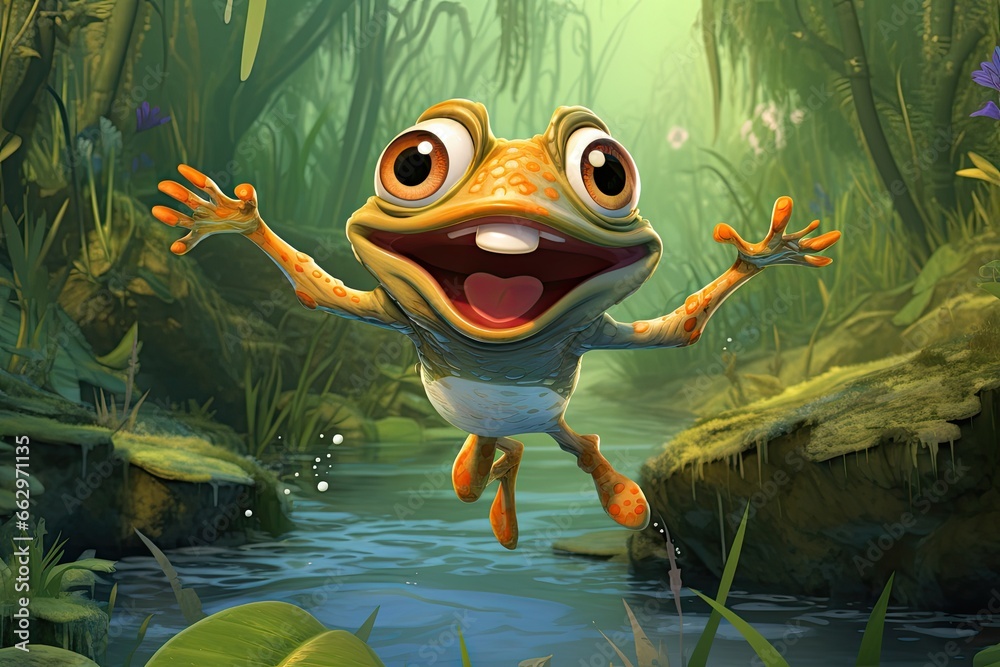 Cartoon Frog Leaping High: Lively and Humorous Image of a Frog Catching ...