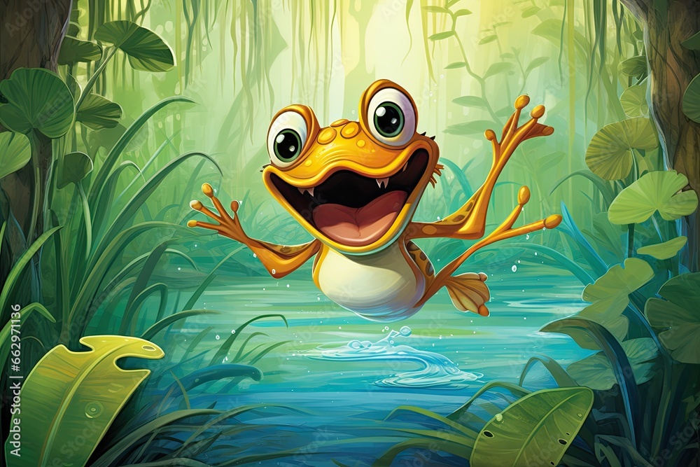 Cartoon Frog Leaping High to Catch a Fly with Its Long Tongue in Lush ...