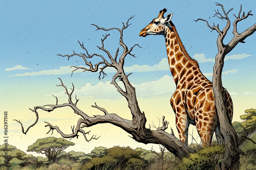 Cartoon Giraffe: Gracefully Munching on Highest Tree Branches in ...