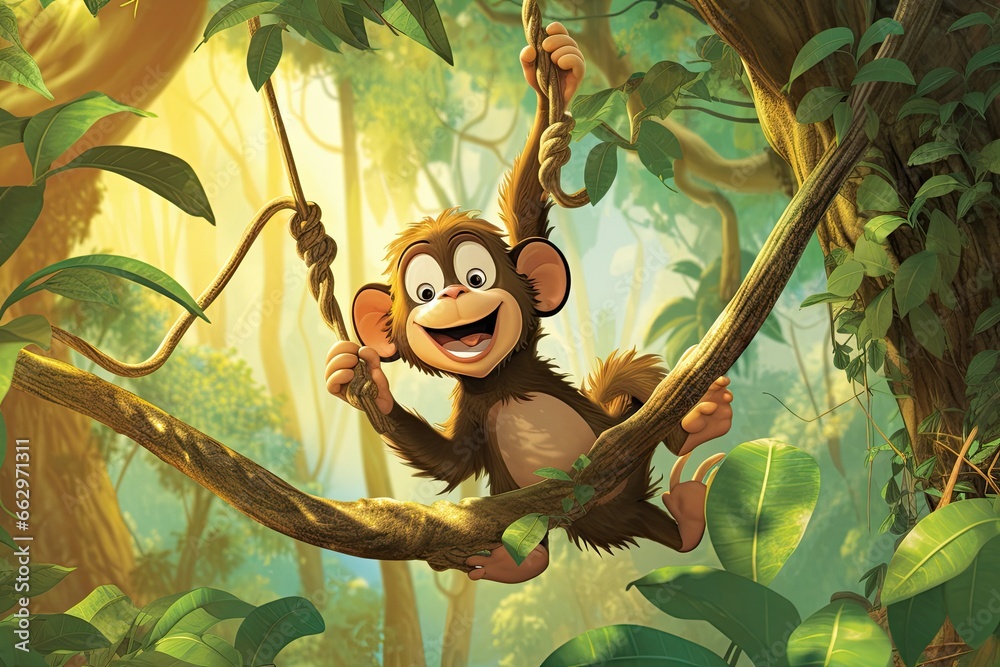 Cartoon Monkey Swinging Joyously in Lush Jungle with Expressive Face ...