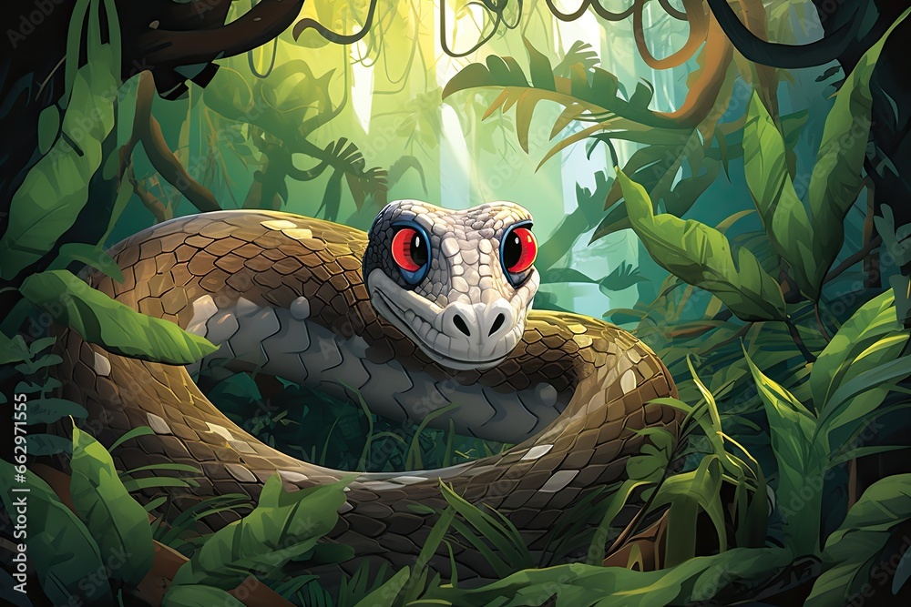 Cartoon Snake: Slithering Stealthily Across Jungle Floor with Focused ...