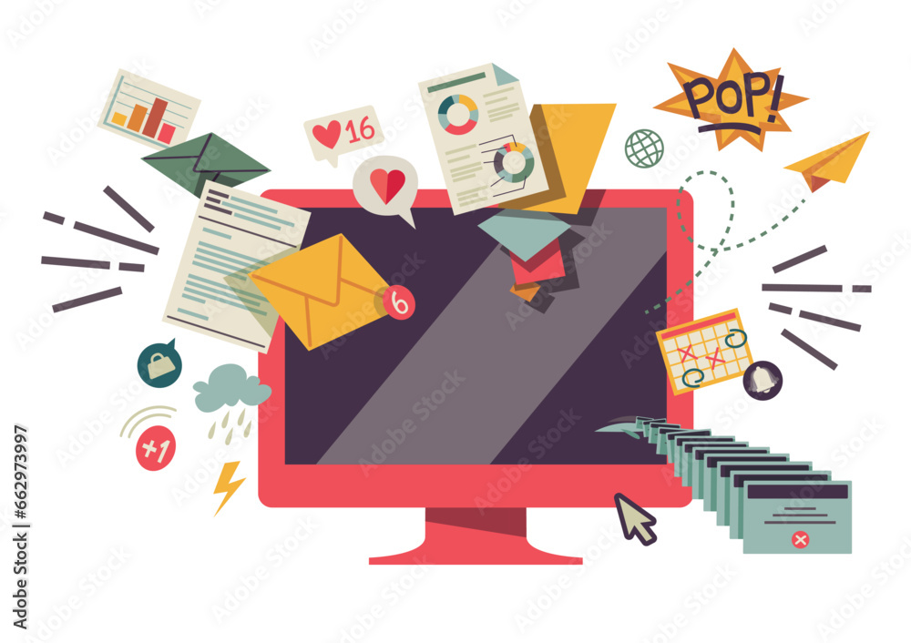 Burn out, notification and dependance on computer. Vector illustration ...