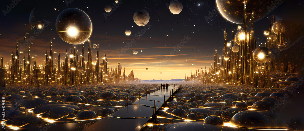 Abstract golden planets background. Bridge of planetary environments ...