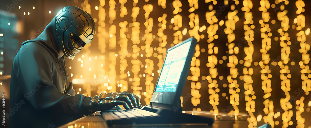 Hacker sits at a laptop. Hacker attacks. cybersecurity. Banner. Copy ...