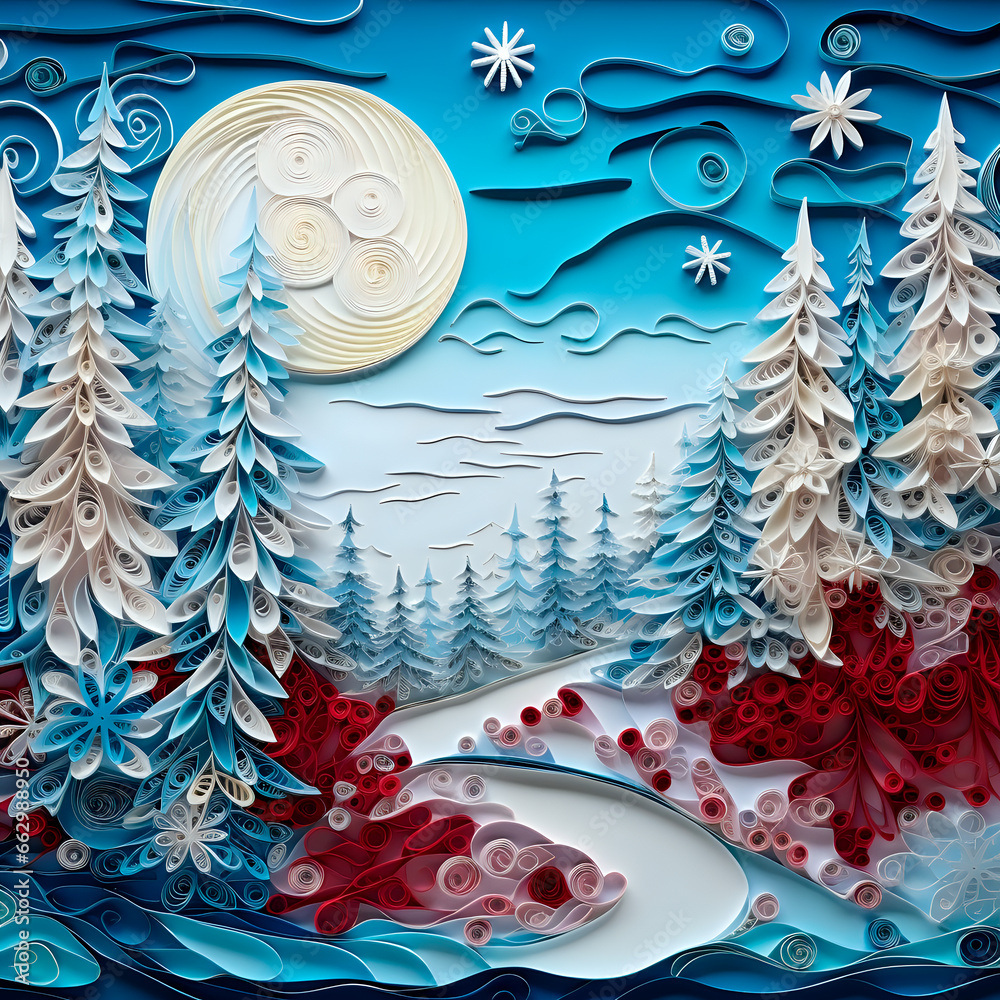 Winter Christmas painting made of paper using the quilling technique ...