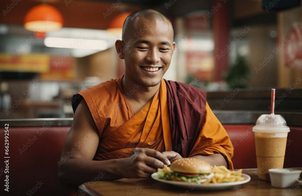 buddhist monk eating hamburger in fast food restaurant Stock Photo ...