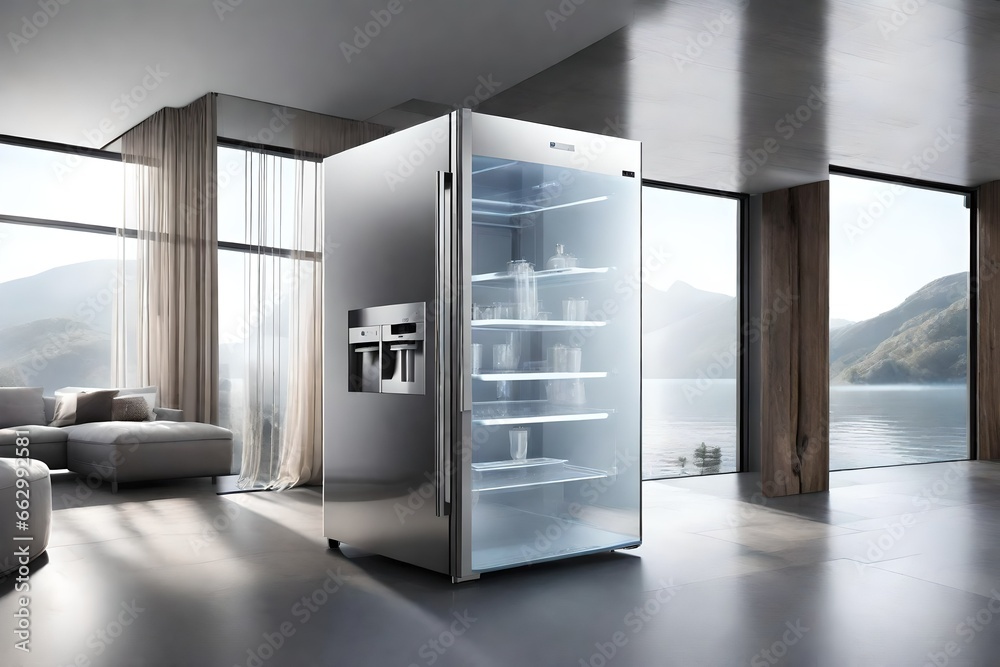 A modern refrigerator with transparent doors and a natural waterfall ...