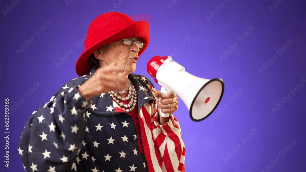 Funny toothless old elderly senior crazy grandmother woman yelling into ...