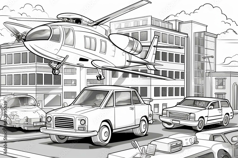 Coloring page depicting cartoon scene of police car, plane, and ...