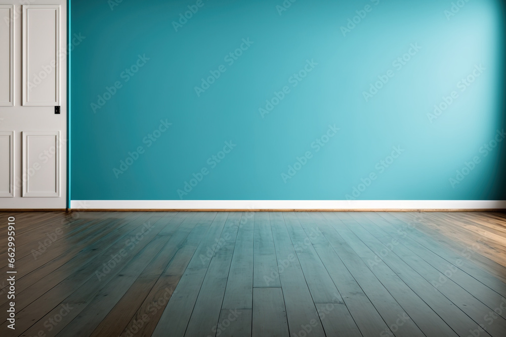 Vacant room with parquet, laminate wood, and blue wall. Empty living ...