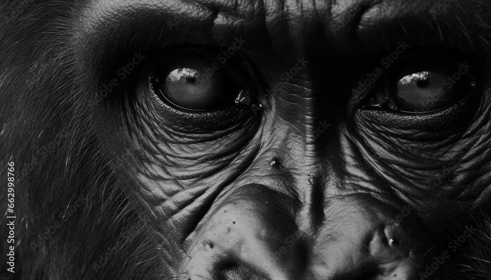 Sad monkey staring at camera, endangered species in monochrome portrait ...