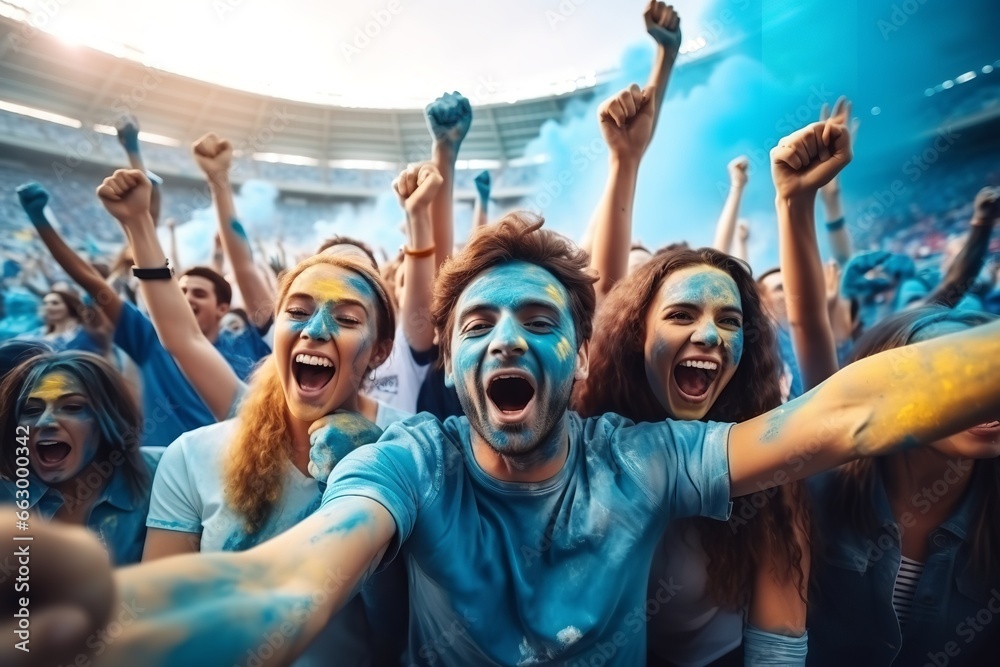 Sport Stadium Soccer Match: Diverse Crowd of Fans Cheer for their blue ...