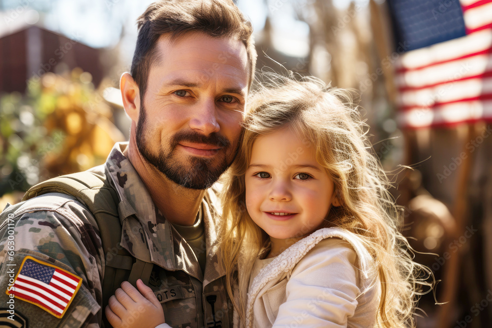 Emotional military homecoming. Portrait of a happy male soldier hugging ...