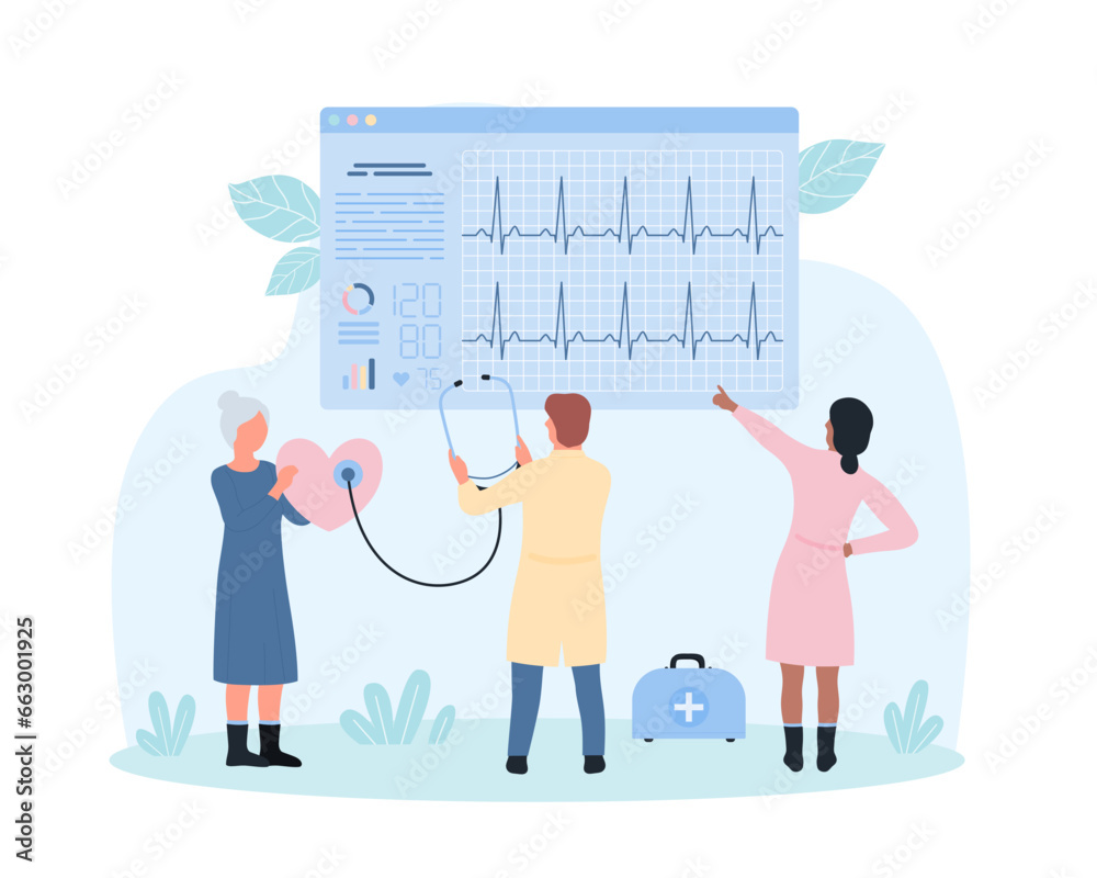 Cardiology, heart health checkup by cardiologists vector illustration ...