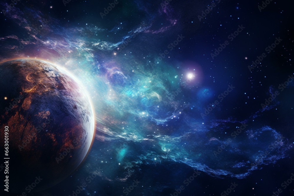 Illustration of a cosmic background with a planet and a glowing Earth ...