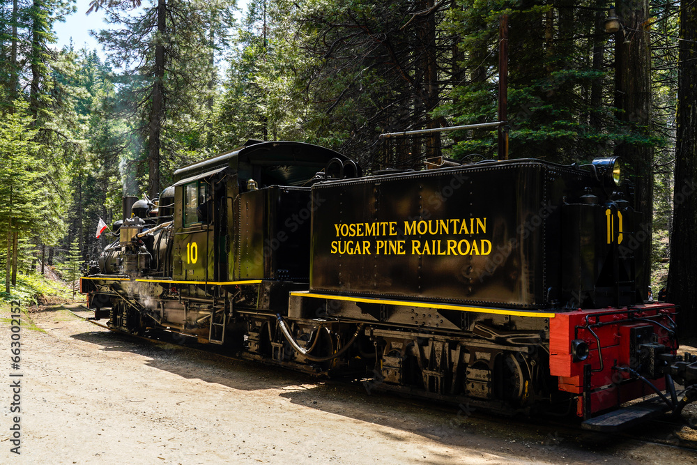 Fish Camp, California/USA - June 2023. Steam locomotive at the Yosemite ...