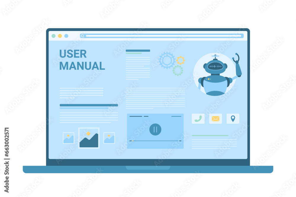 User manual guide on laptop desktop vector illustration. Cartoon isolated web guidance service ...