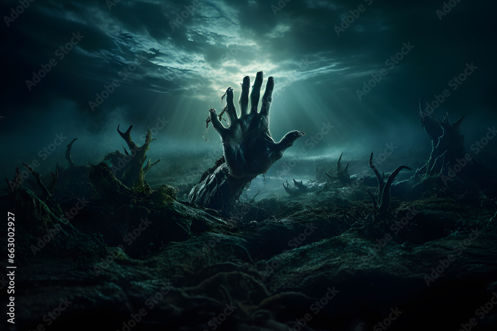 Zombie hand rising from the grave, creepy hand coming out of the ground ...