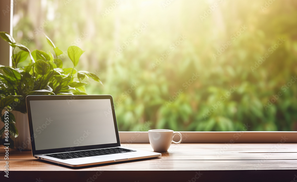 Wooden Table Hosting Laptop with Blank Screen, Hot Coffee, and ...