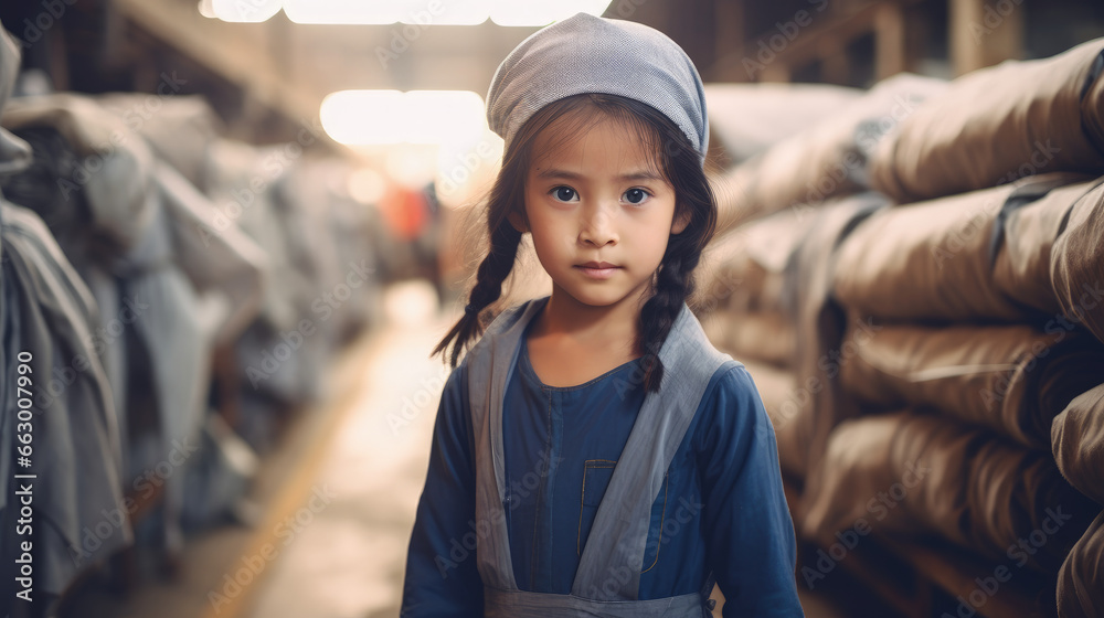 Small Asian girl's portrait with blurred textile factory background ...