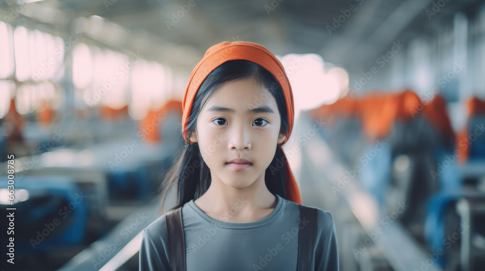Small Asian girl's portrait with blurred textile factory background ...