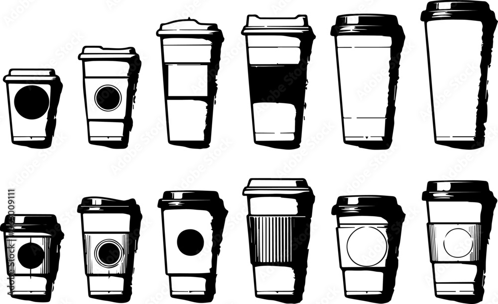 A detailed illustration showcasing 12 distinct paper coffee cup types ...