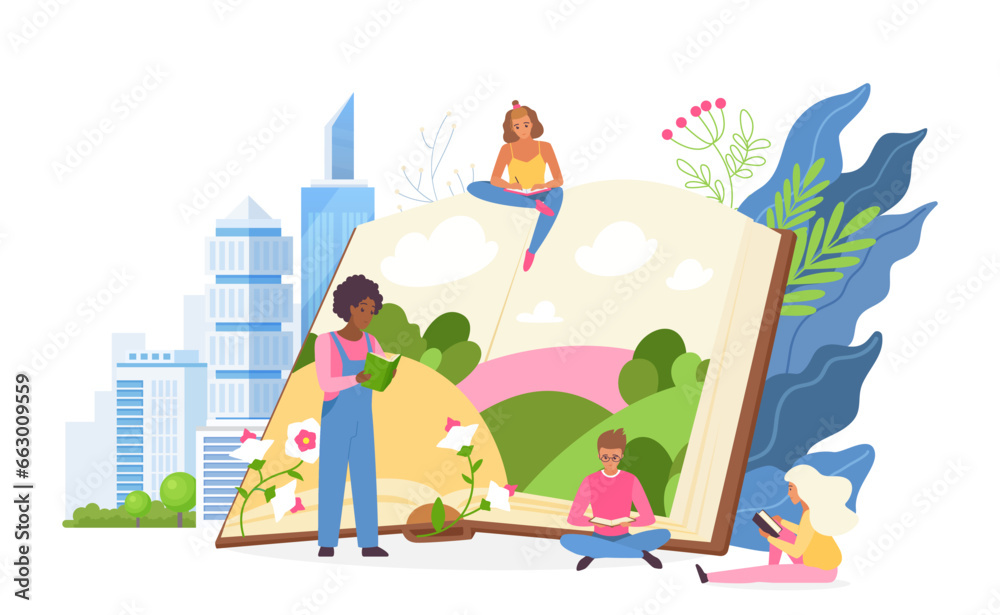 Magic inspiration from reading books vector illustration. Cartoon tiny ...
