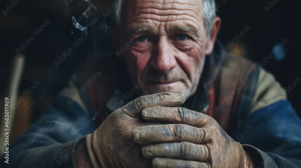 An elderly carpenter with multiple scars on his hands from years of ...