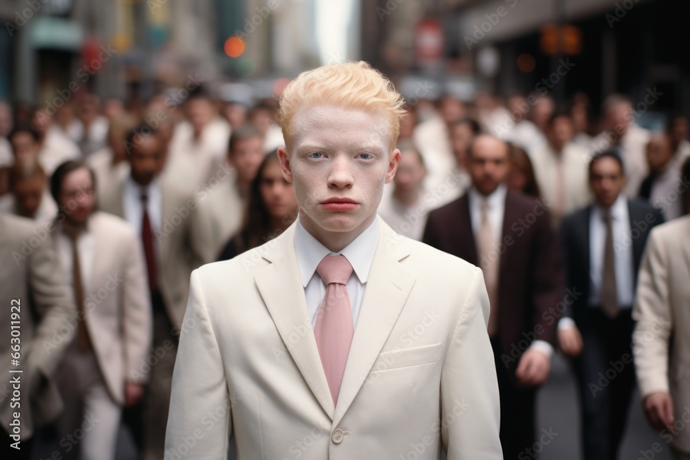 A businessman with albinism confidently walks down a busy city street ...