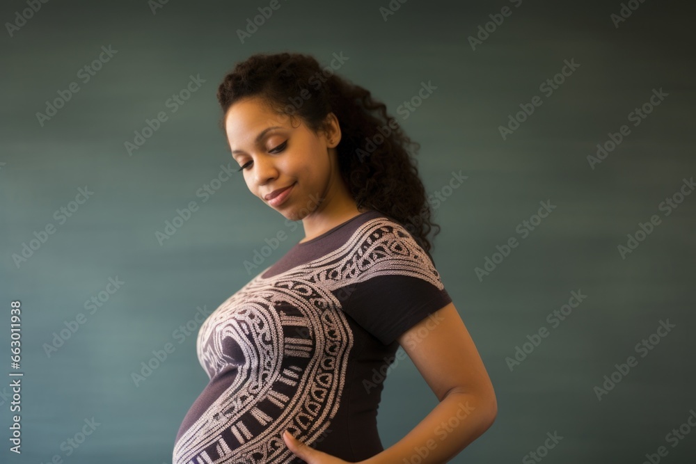 A pregnant woman with stretch marks on her growing belly, embracing the ...