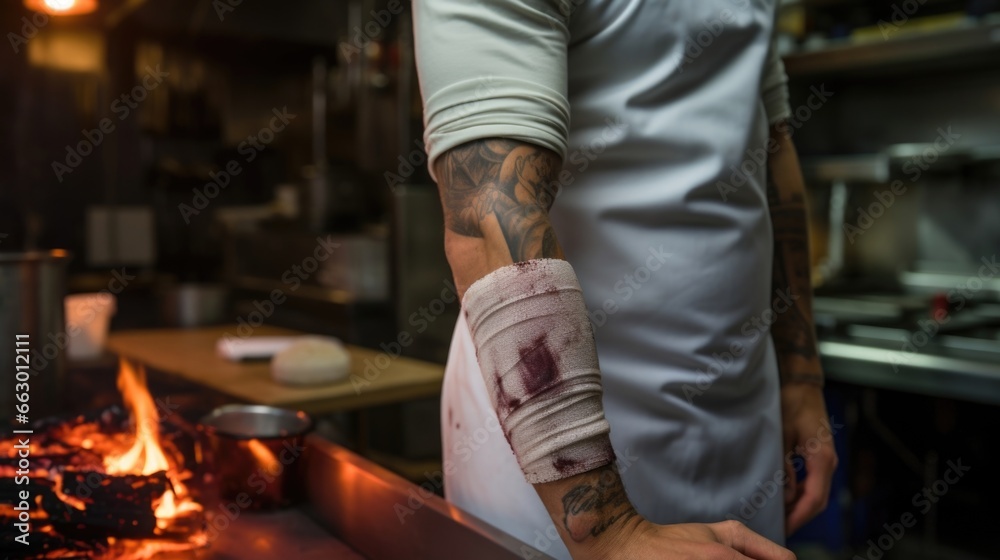 A chef with a burn scar on his arm from a kitchen accident. He wears it ...