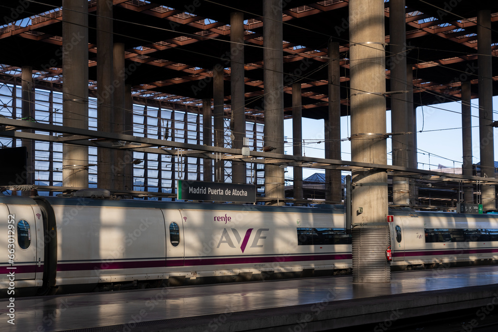 The Renfe AVE train, one of the fastest trains in Spain, parked at the ...