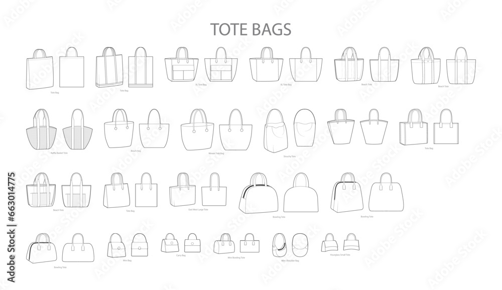 Set of Tote Bags. Fashion accessory technical illustration. Vector ...