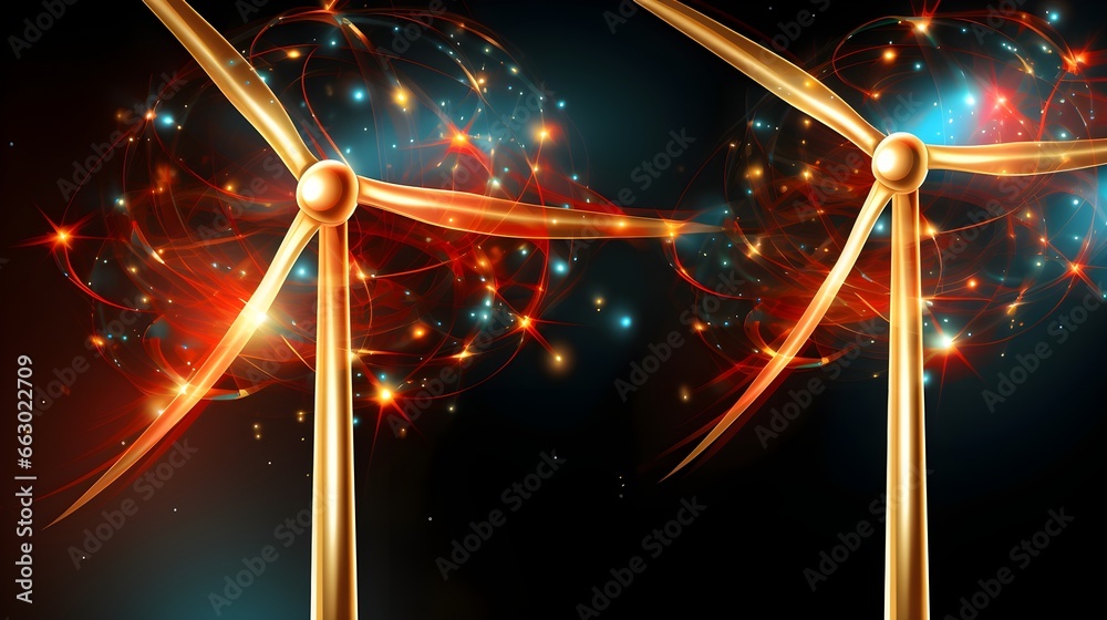 Two wind turbines standing tall against a dramatic dark sky, showcasing ...